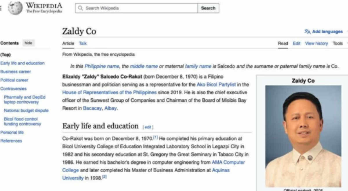 ‘Co-Rakot:’ Mga impormasyon ni Zaldy Co sa wikipedia, dinogshow ng ...